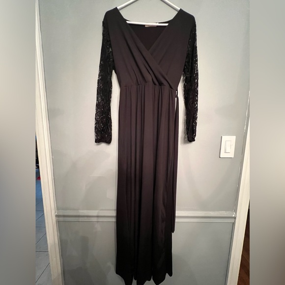 Dresses | Deep V Cut With Lace Sleeves Long Dress | Poshmark